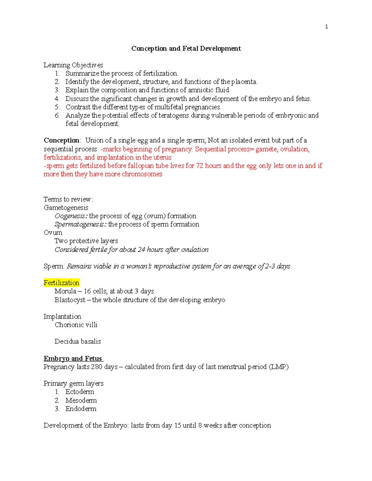Conception and fetal development notes - Conception and Fetal ...