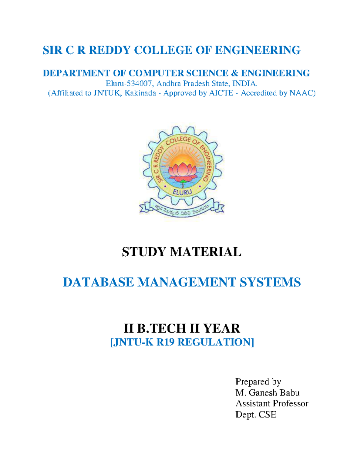 Database Management Systems Study Notes - CSE II B.Tech R19 - Studocu