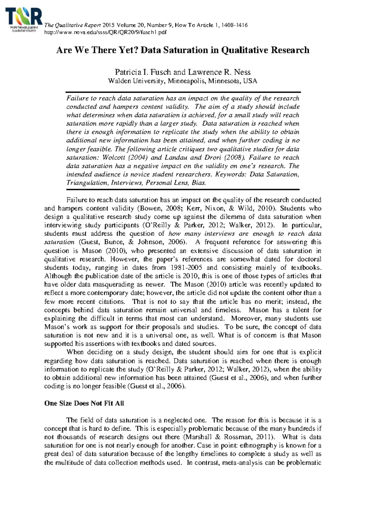 Data Saturation in Qualitative Research: Insights and Critiques TQR ...