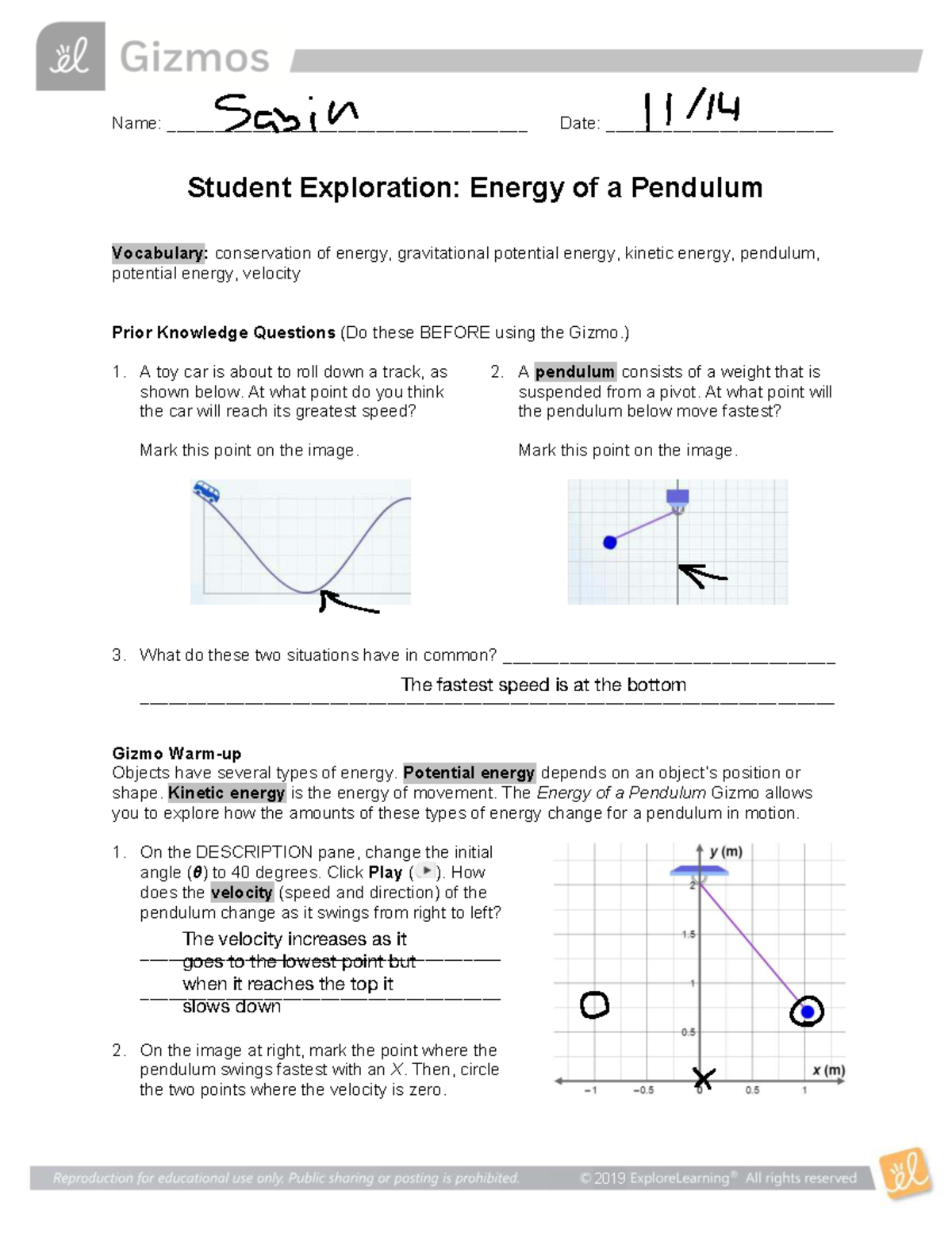 Energy of a Pendulum SE - Gizmo Worksheet Answer Key - Studocu