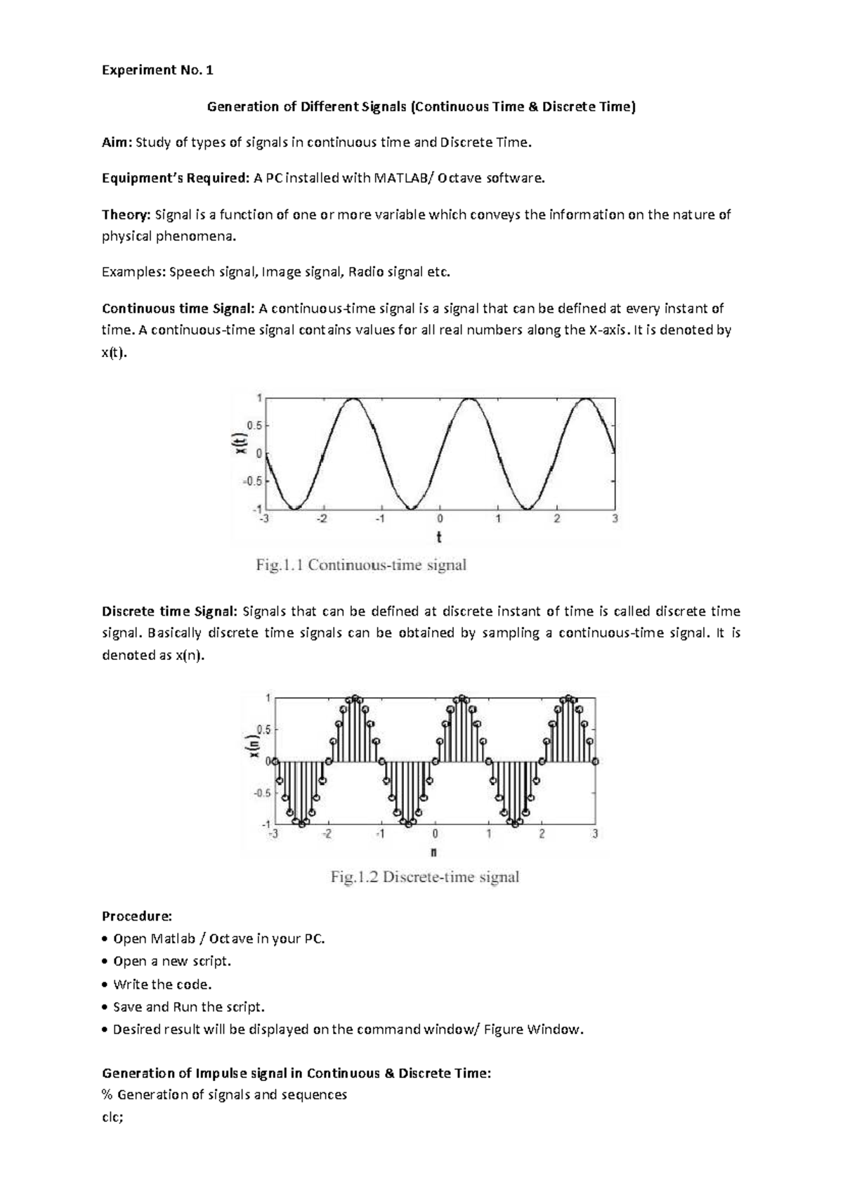 Experiment No. 1: Generation of Continuous & Discrete Time Signals ...