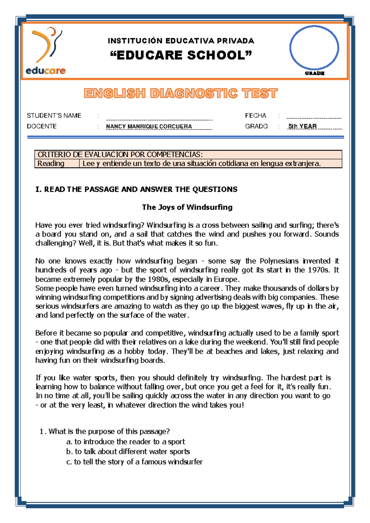 5th Year English Diagnostic Test: Reading & Listening Comprehension ...