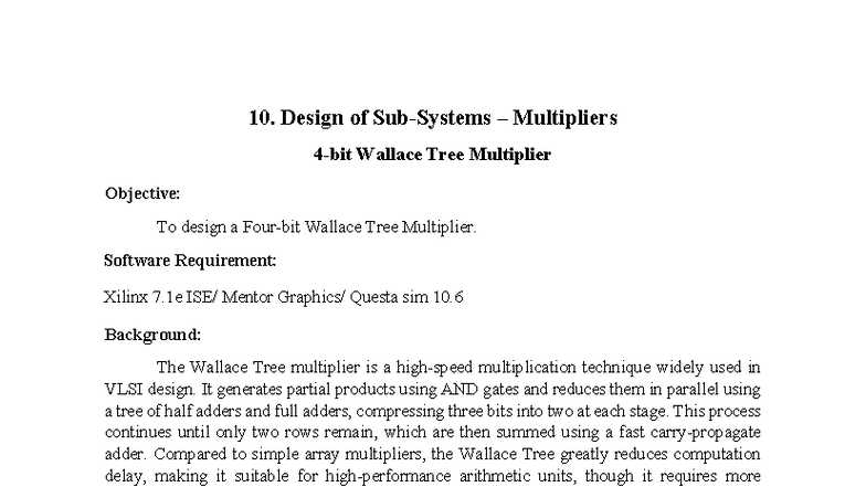 10. Design of Sub-systems: Wallace Tree Multiplier Overview - Studocu