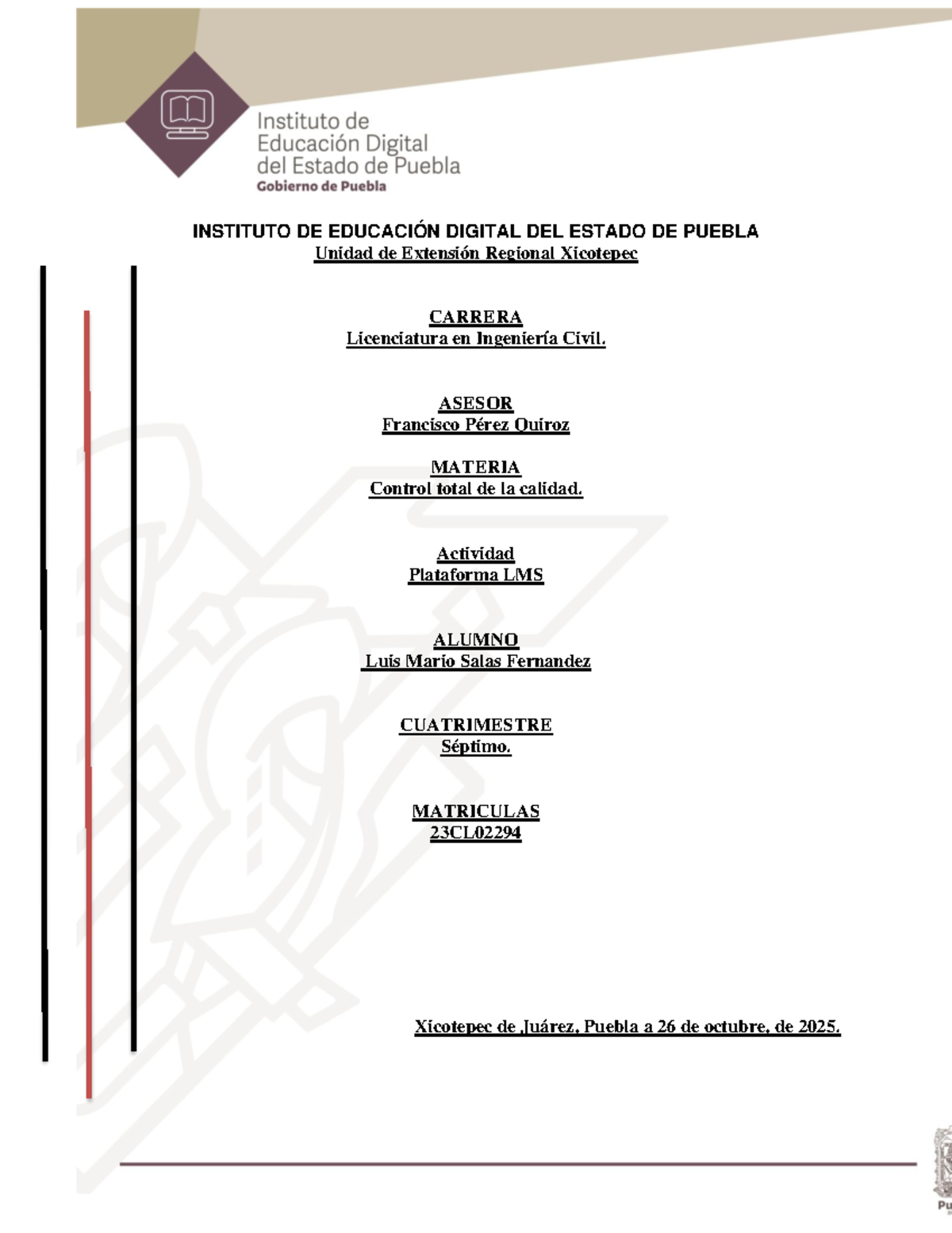 Actividad LMS Parcial 2: Control Total de la Calidad 23CL02294 - Studocu