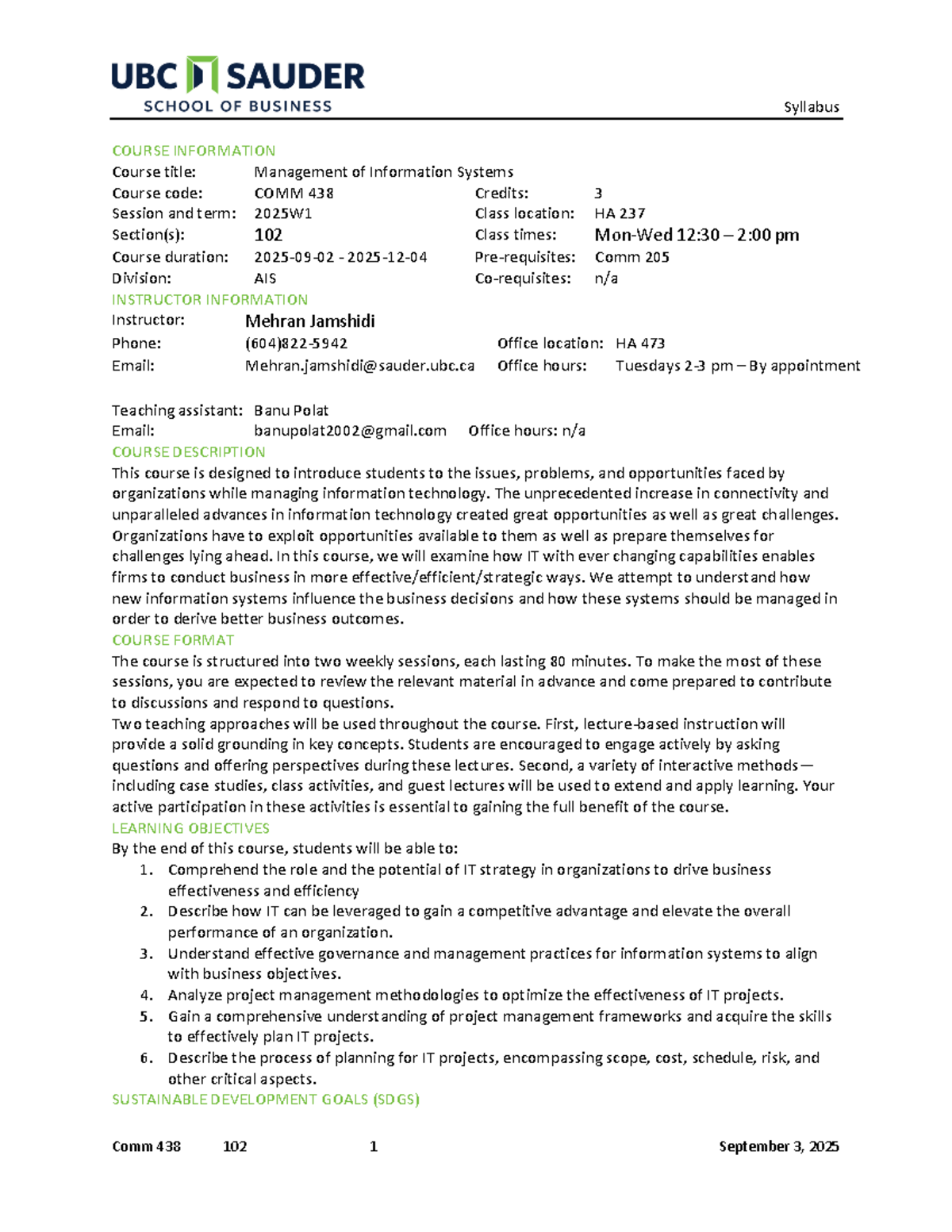 Comm 438 102: Management of Information Systems Syllabus 2025W1 - Studocu