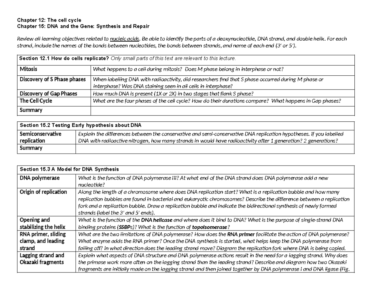 Chapter 12 & 15 Review: The Cell Cycle, DNA Replication & Repair ...