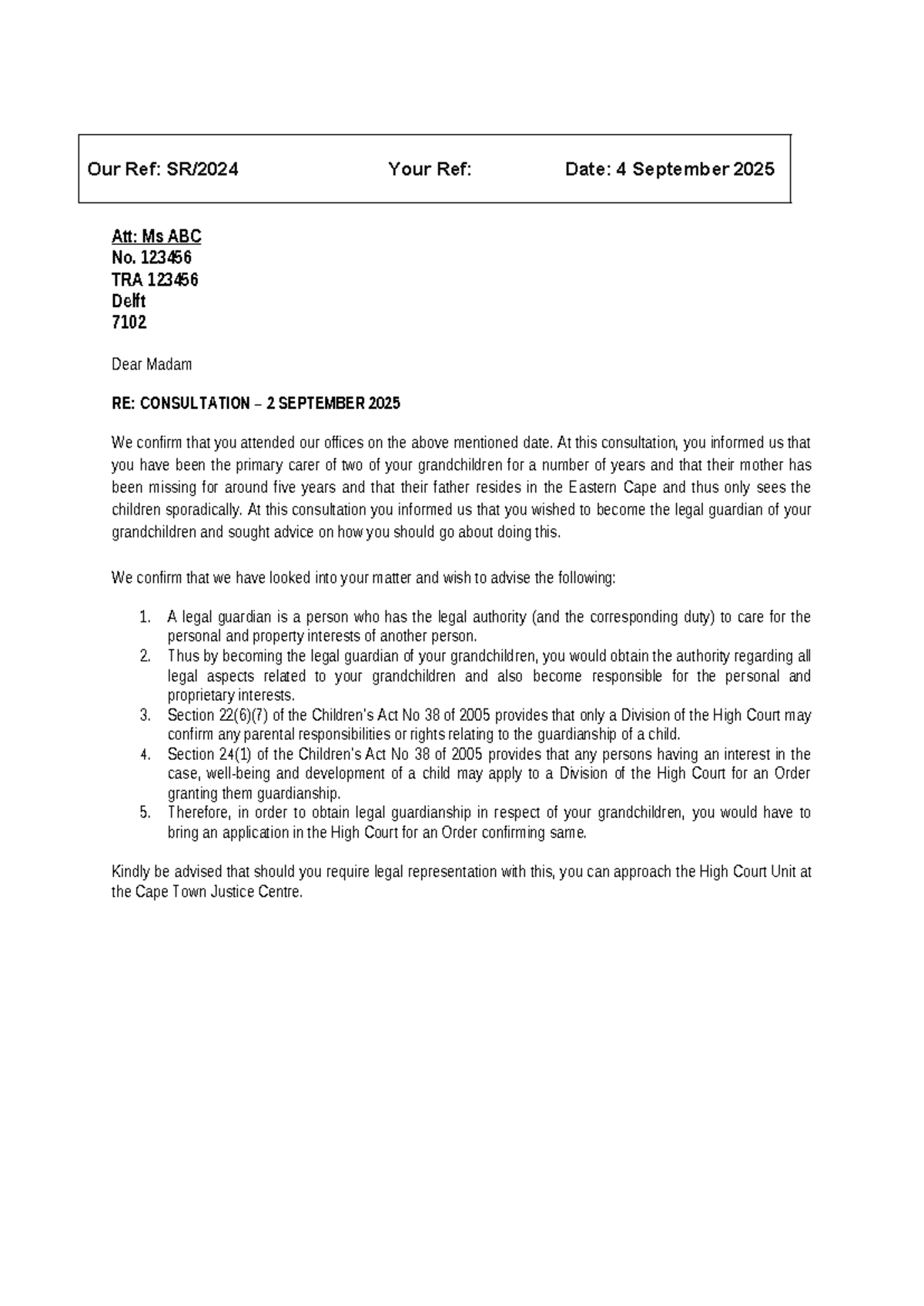 Example of a Legal Consultation Letter: Guardianship Advice - Studocu