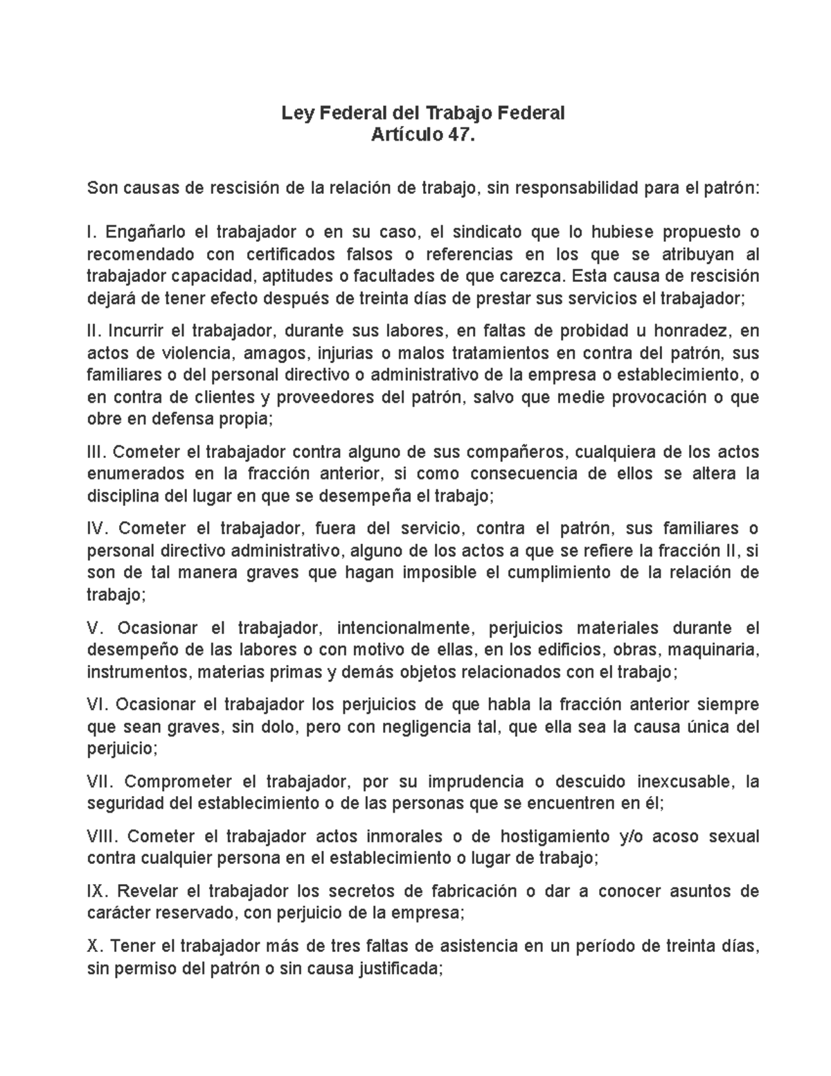 Ley Federal del Trabajo: Artículo 47 - Causas de Rescisión - Studocu