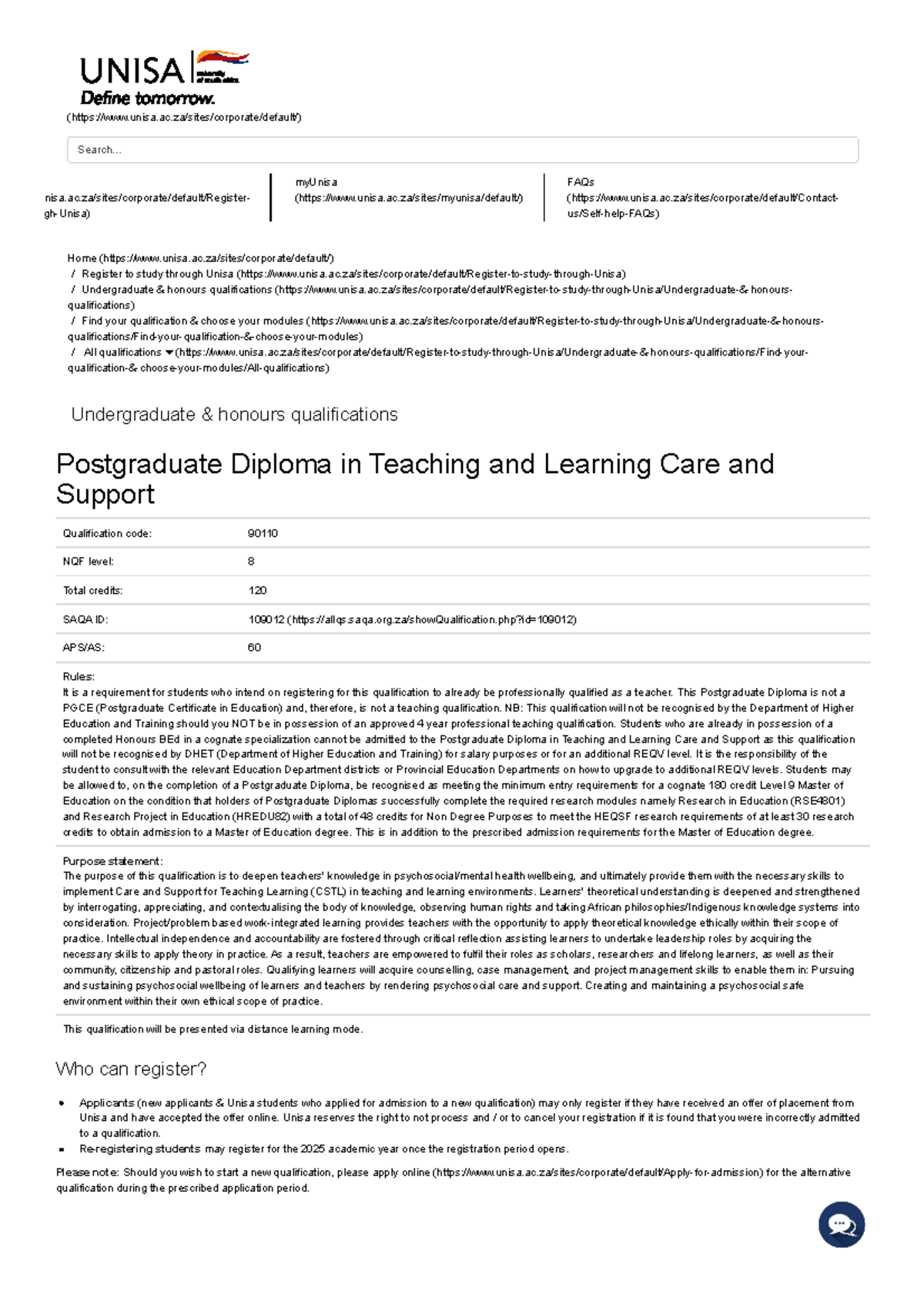 Postgraduate Diploma in Teaching & Learning Care and Support (90110 ...