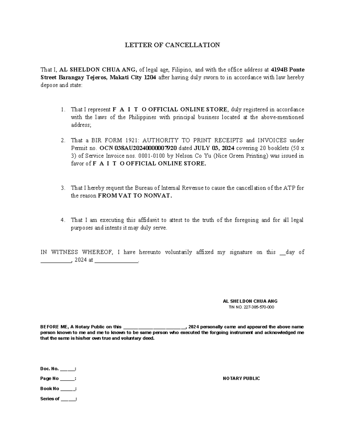 Cancellation Letter for BIR Form 1921 by F A I T O Store - Studocu