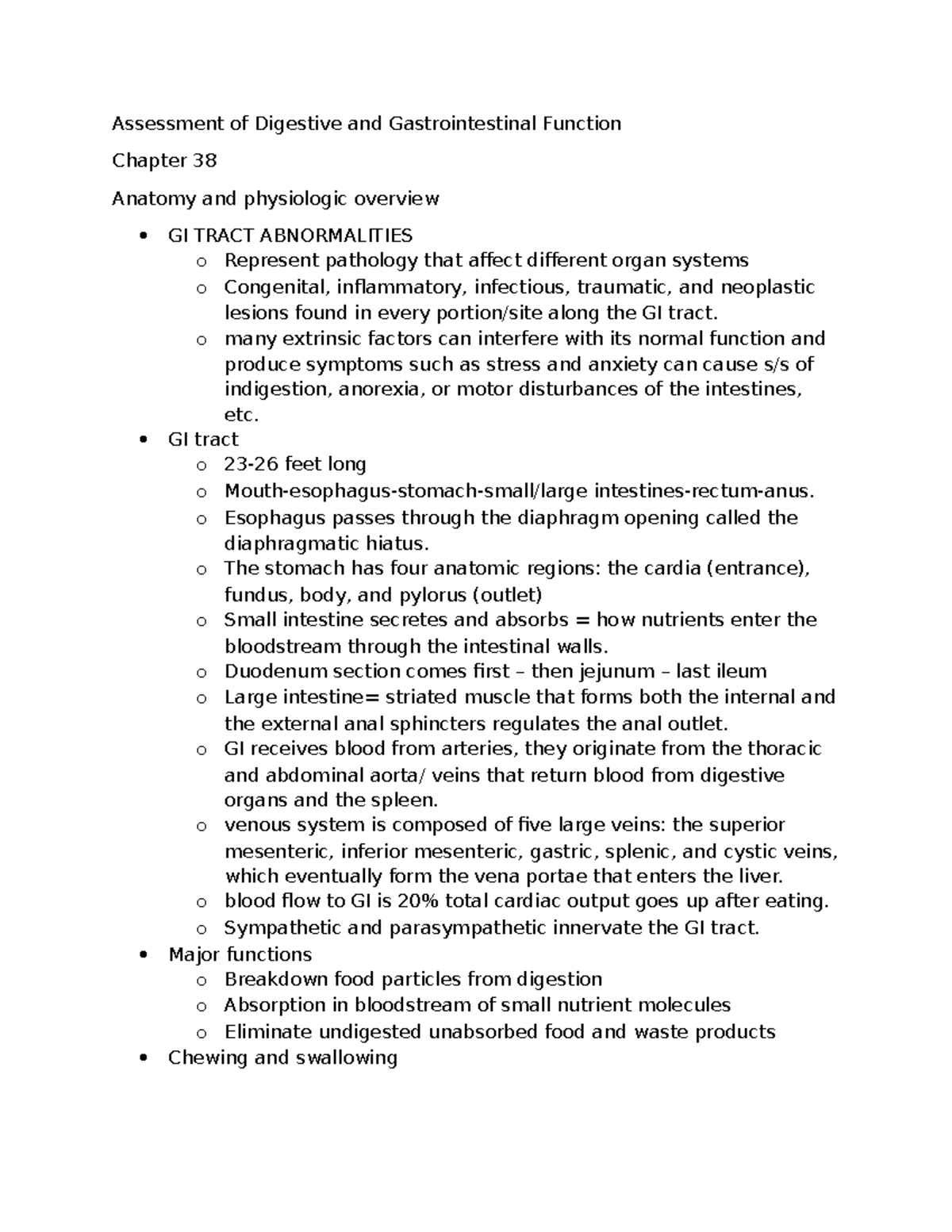 Study guide gi - Assessment of Digestive and Gastrointestinal Function ...