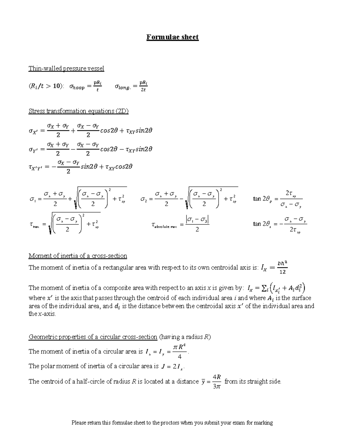 MT Formulae sheet - Please return this formulae sheet to the proctors ...