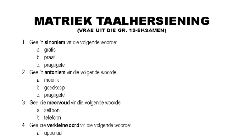 MATRIEK TAALHERSIENING: Vrae en Antwoorde Gr. 1 - Studocu