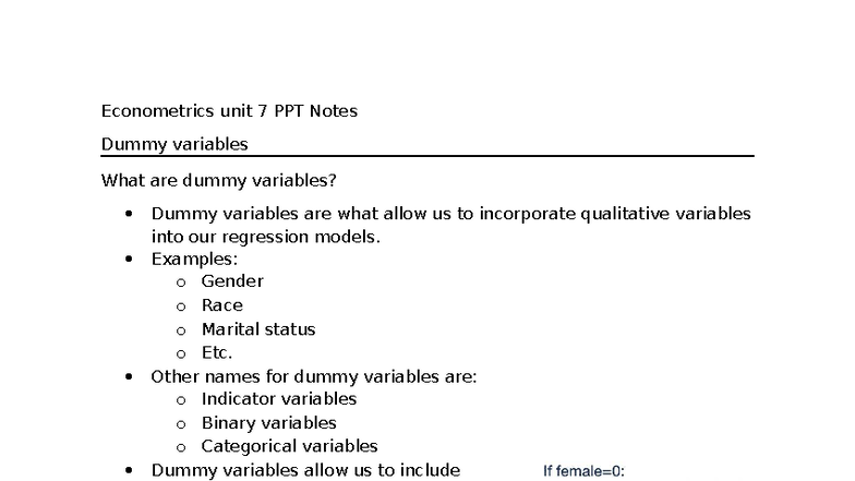 Econometrics Unit 7 Dummy Variables And Structural Breaks Notes Studocu
