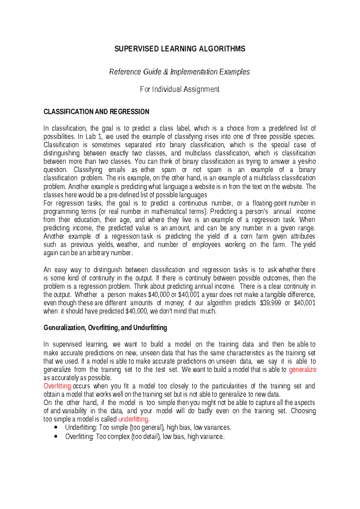 Week 12 - Supervised Learning Algorithms Reference Guide for Final Assessment - Studocu