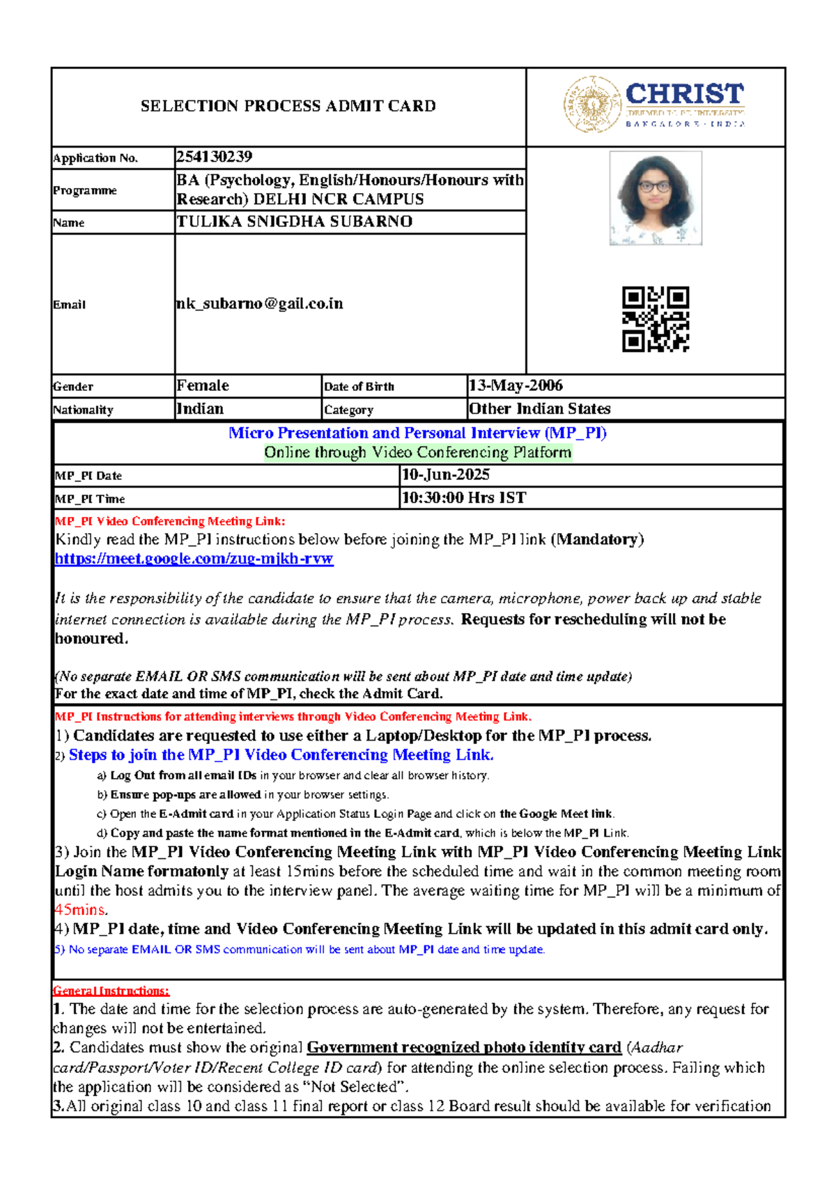 BA (Psychology) MP_PI Admit Card & Instructions - Tulika Snigdha ...