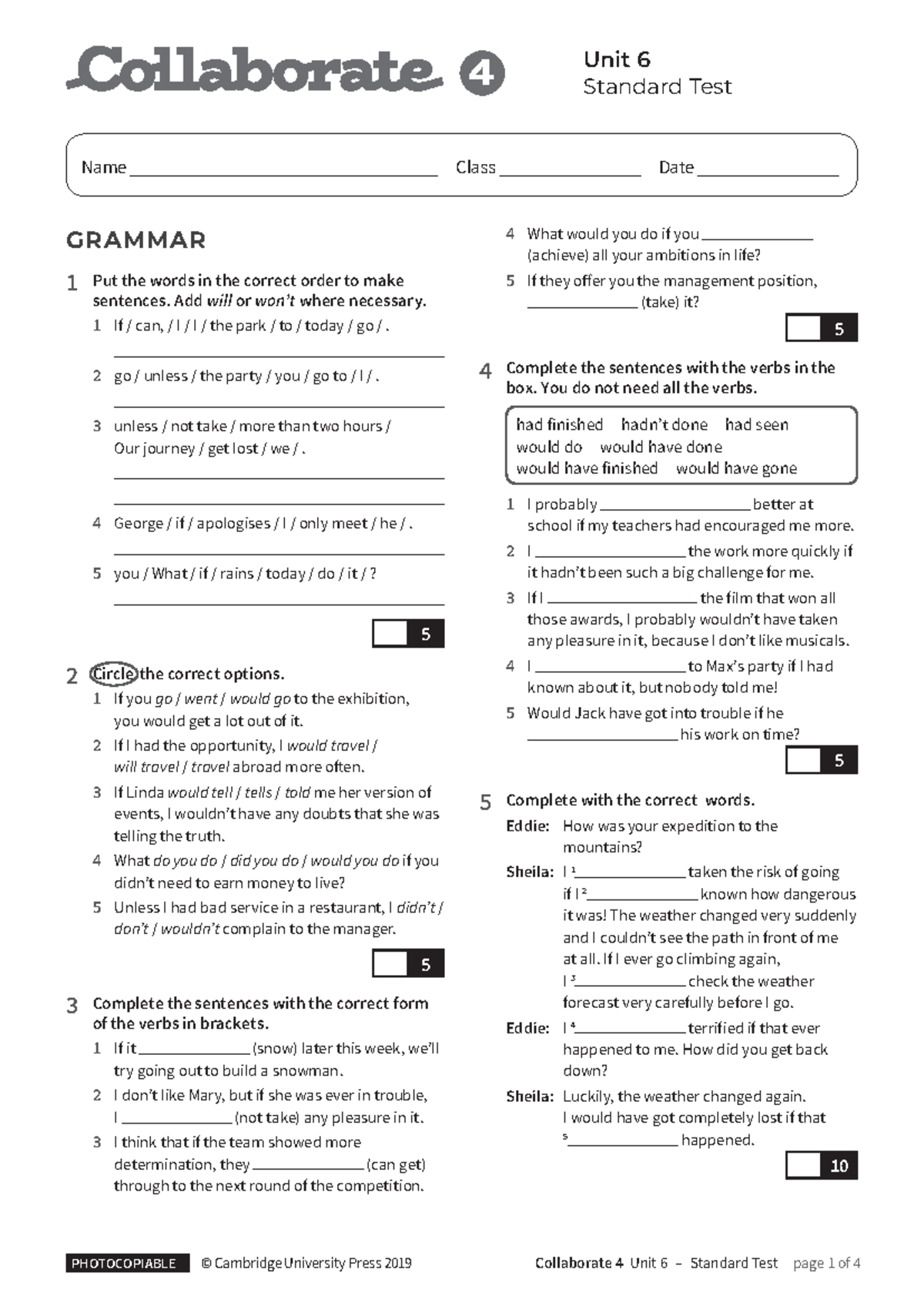 Progress Test Unit 6 - Grammar and Vocabulary Exercises for Collaborate ...