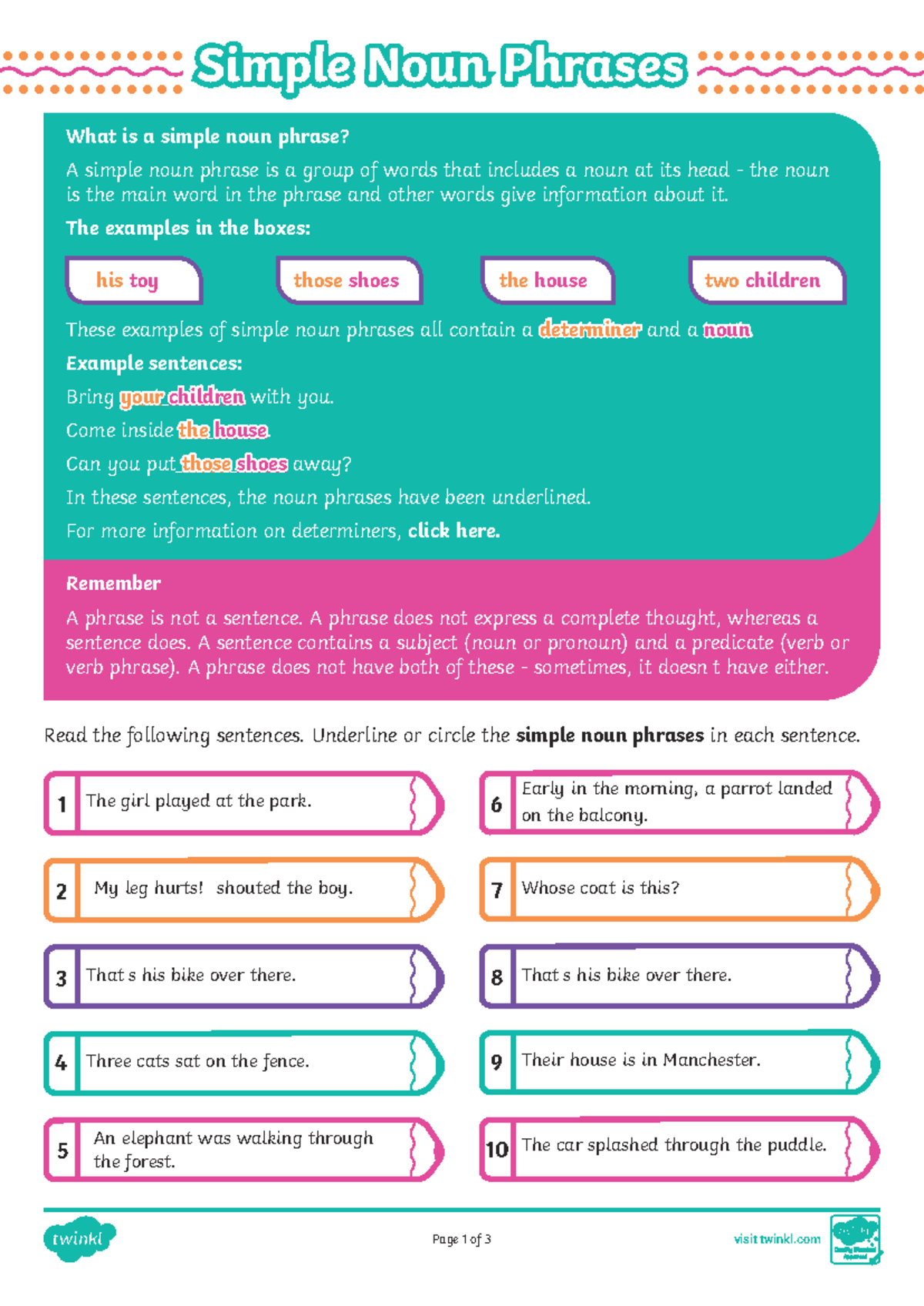 Simple Noun Phrases Activity Sheets for Learning Determiners - Studocu
