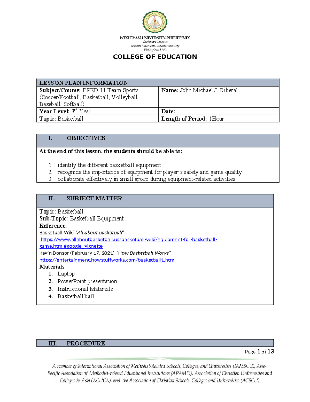 BPED 11 Detailed Lesson Plan on Basketball Equipment - Studocu