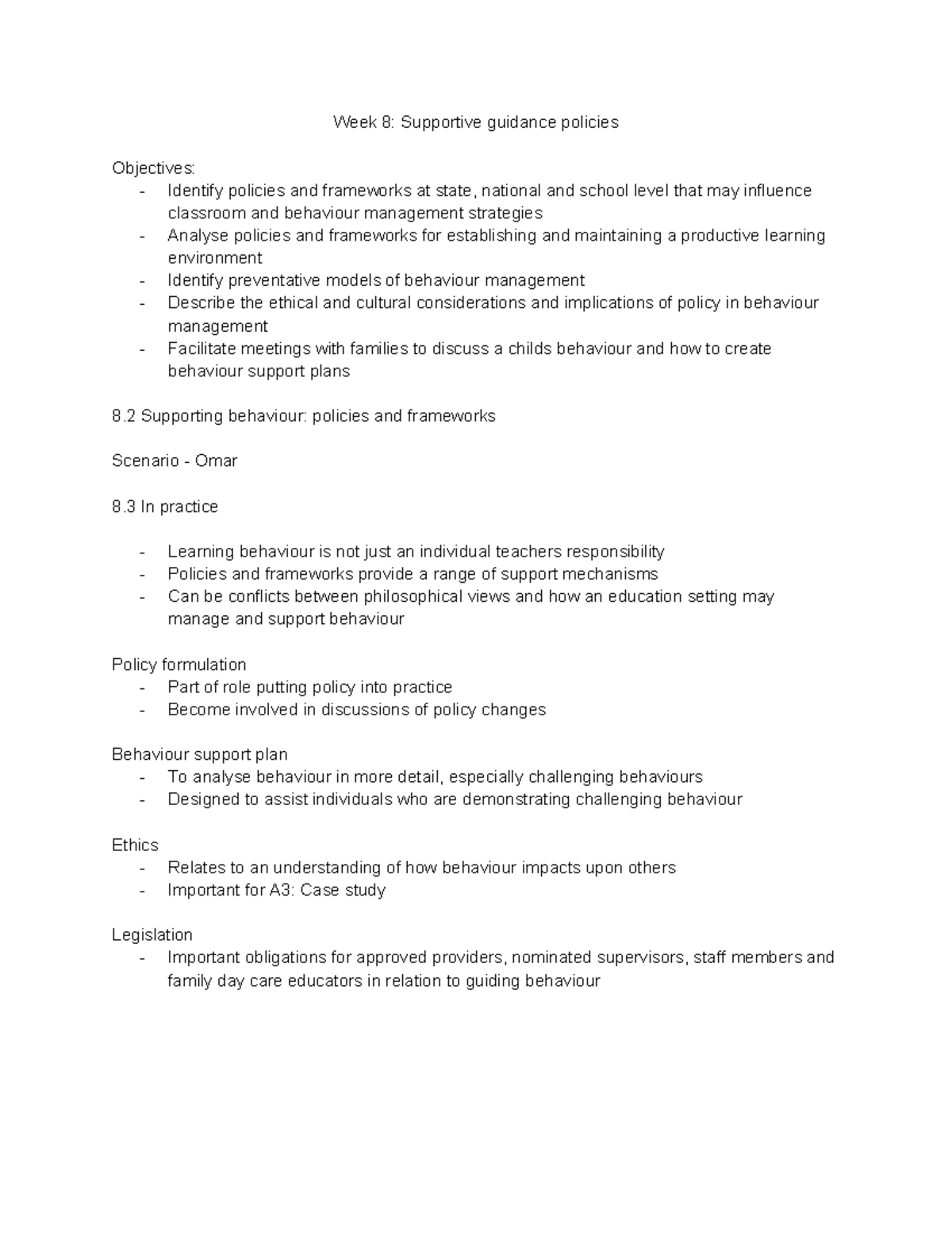 WEEK 8 Notes EDU20004 - Week 8: Supportive guidance policies Objectives ...