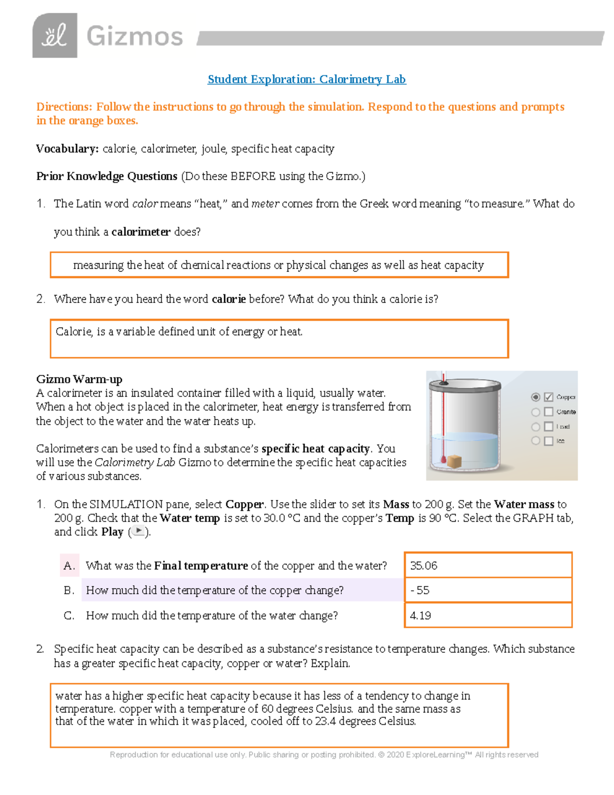 Calorimetry Lab student Real - Student Exploration: Calorimetry Lab ...