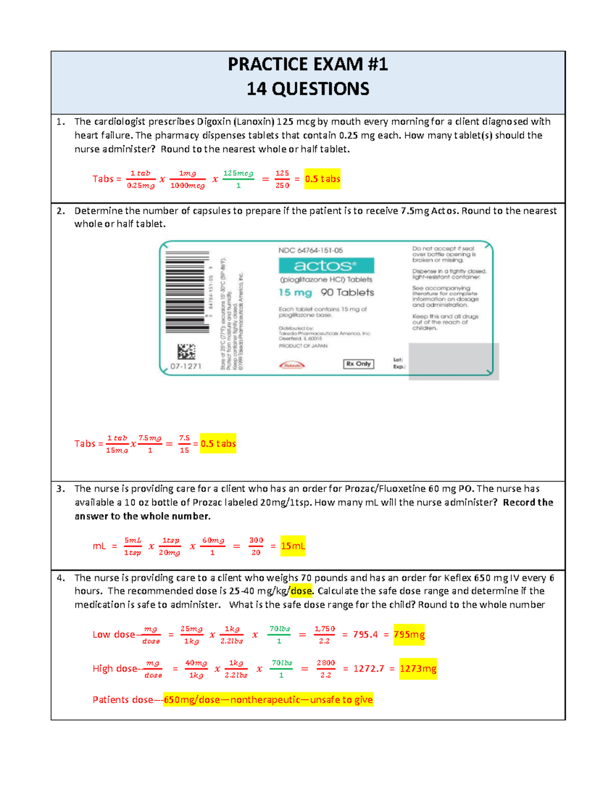 Dosage Calculation Practice Quiz Answer Key-2 (NUR 101) - Studocu