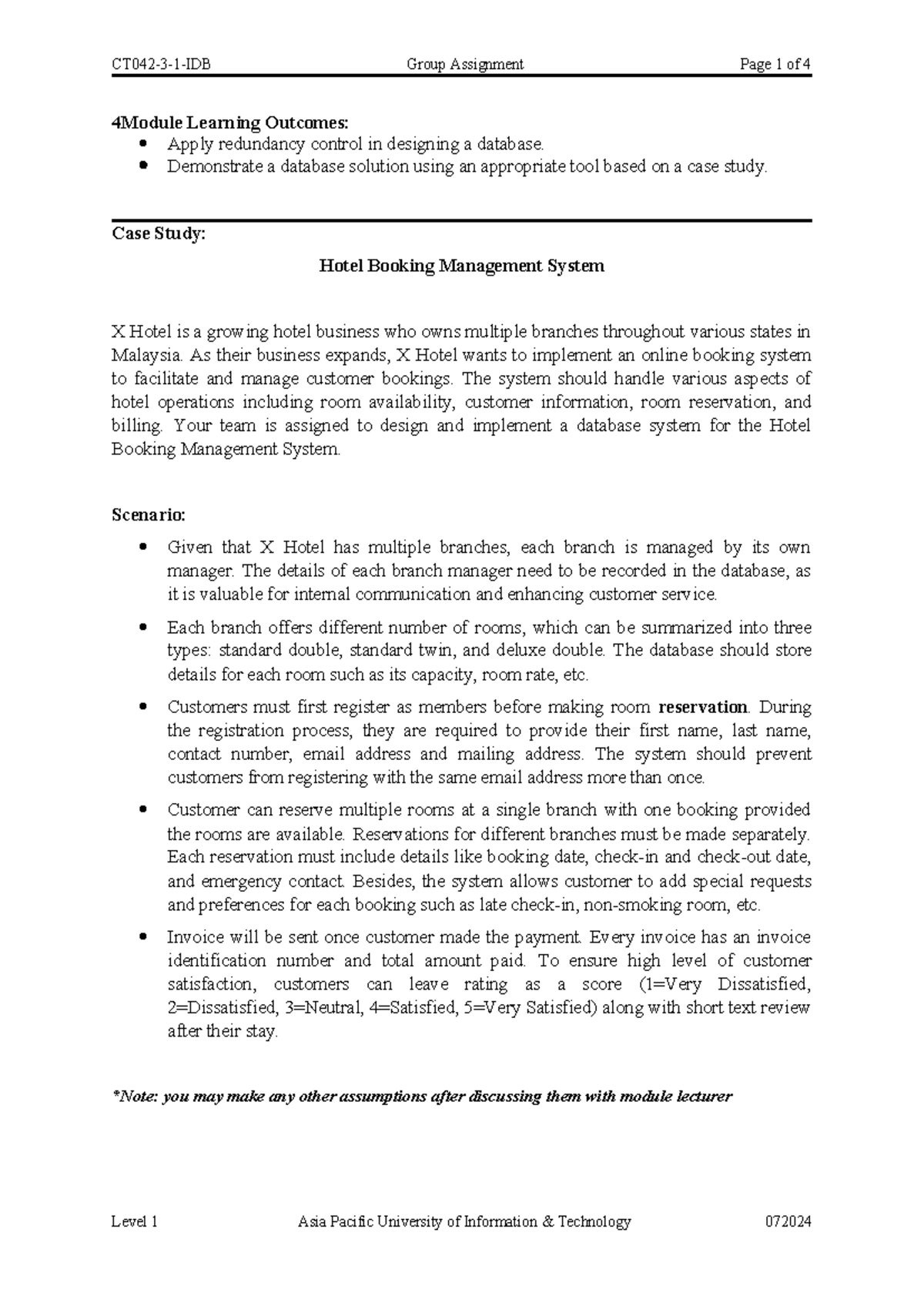 Group Assignment: Database Design for Hotel Booking System (072024 ...