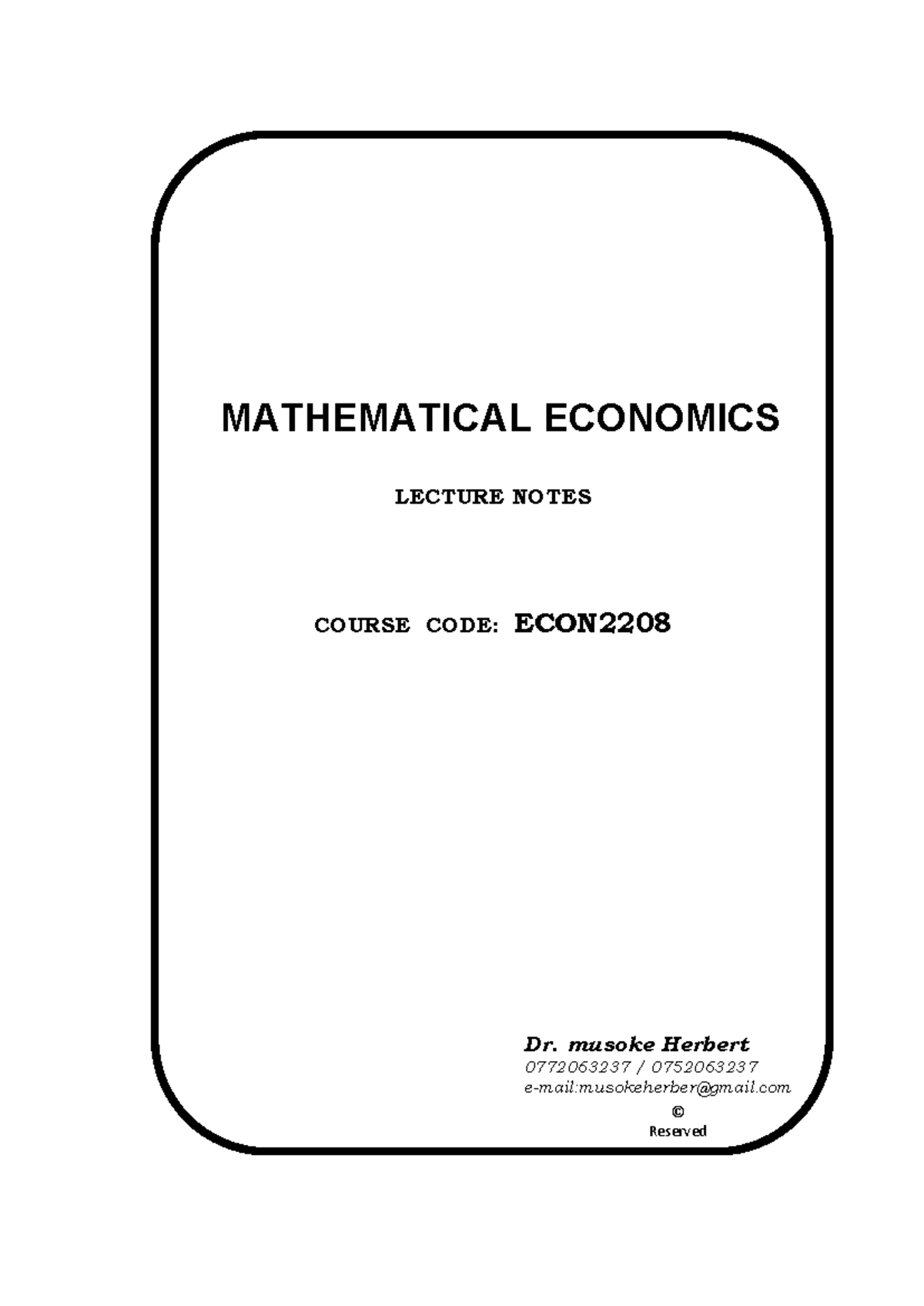 ECON Lecture Notes: Introduction to Mathematical Economics - Studocu
