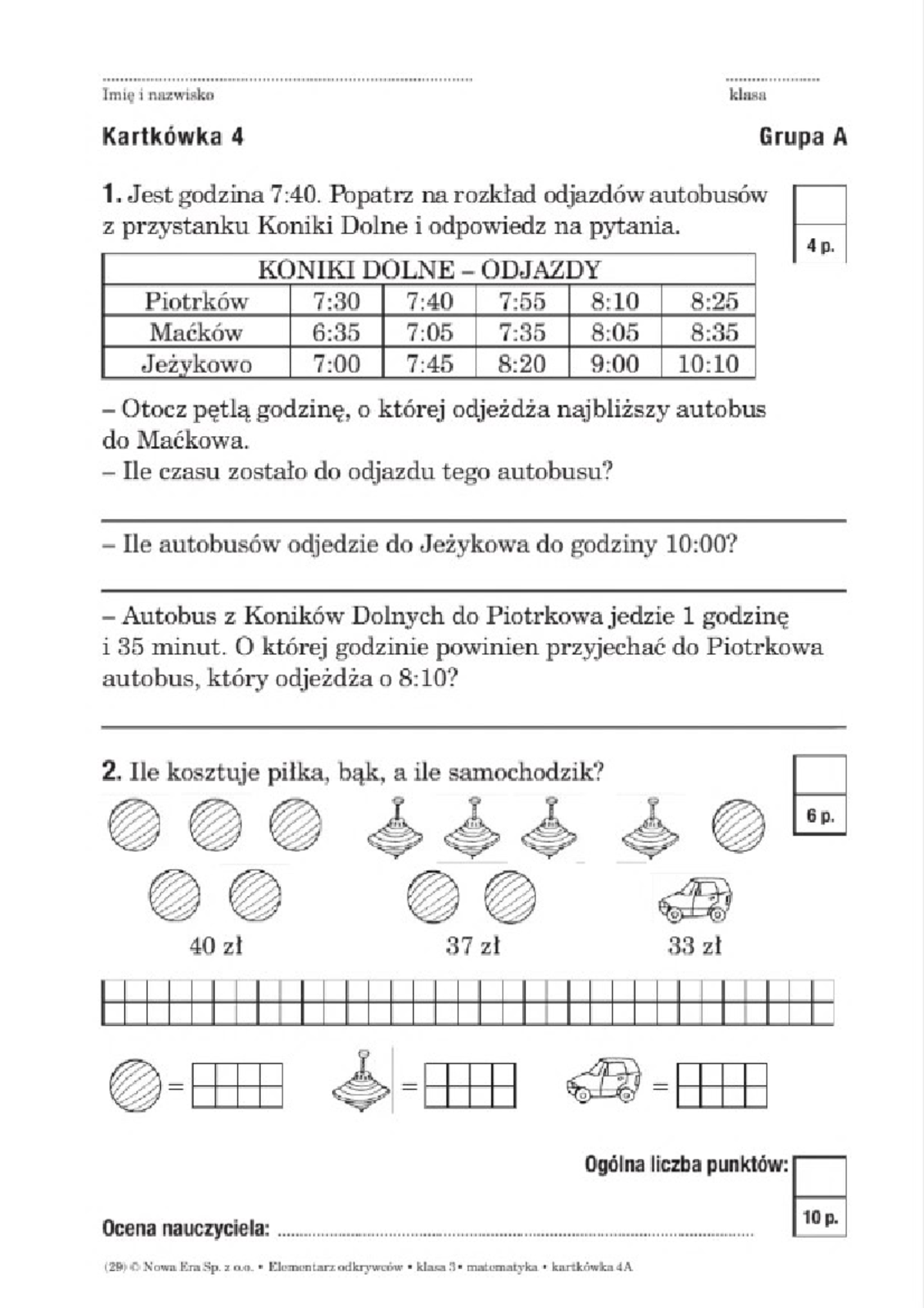 Matematyka Klasa 3 Kartkówka 4 - Pytania o Odjazdy Autobusów - Studocu