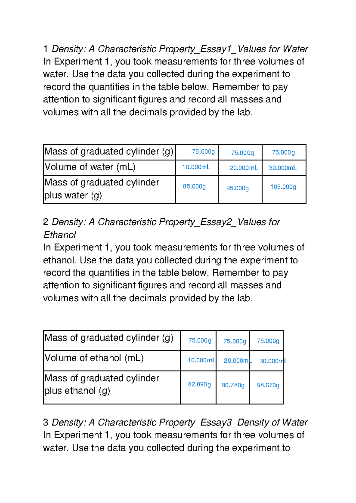 Density lab - lab - 1 Density: A Characteristic Property_Essay1_Values ...