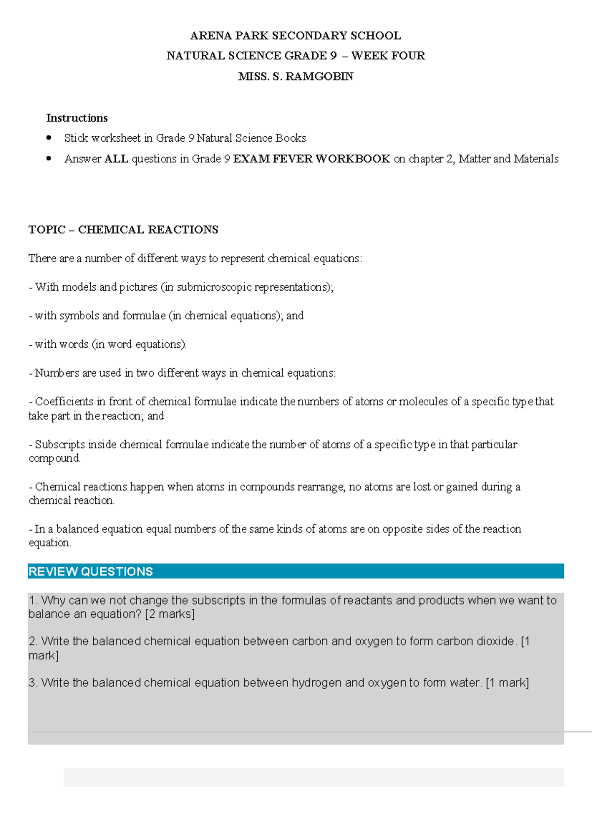 Grade 9 Natural Science: Week 4 - Chemical Reactions Worksheet - Studocu