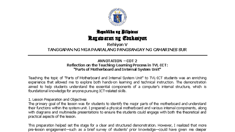 COT 2 - Reflection on Teaching Motherboard & Internal Systems - Studocu