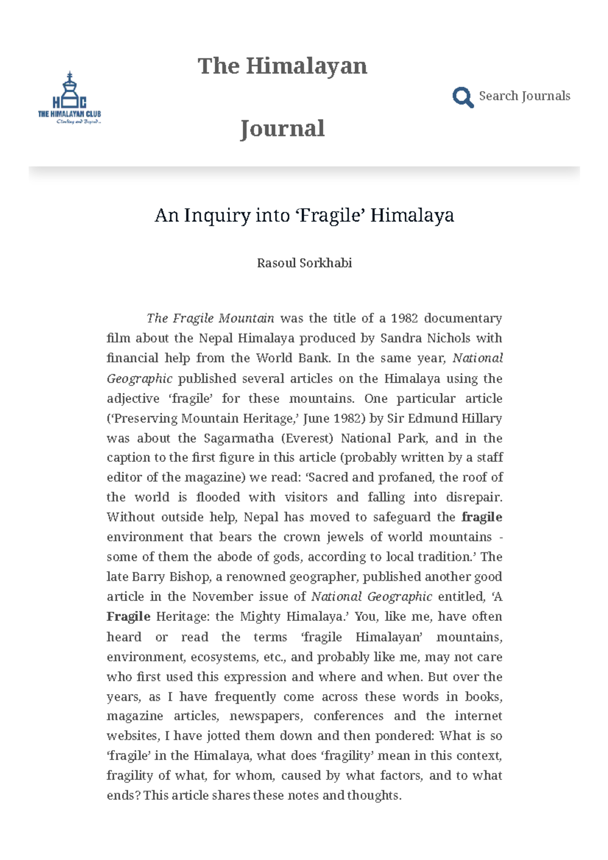 HJ 63 4 An Inquiry into the 'Fragile' Himalaya Environment - Studocu