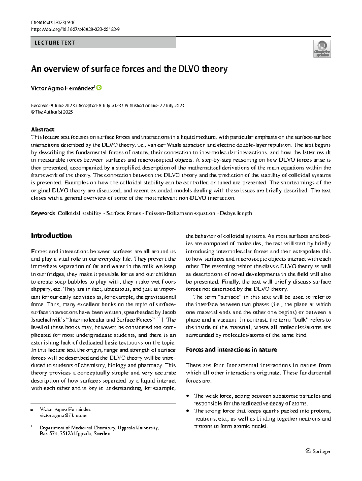 ChemTexts (2023) 9:10 LECTURE TEXT: Surface Forces and DLVO Theory ...