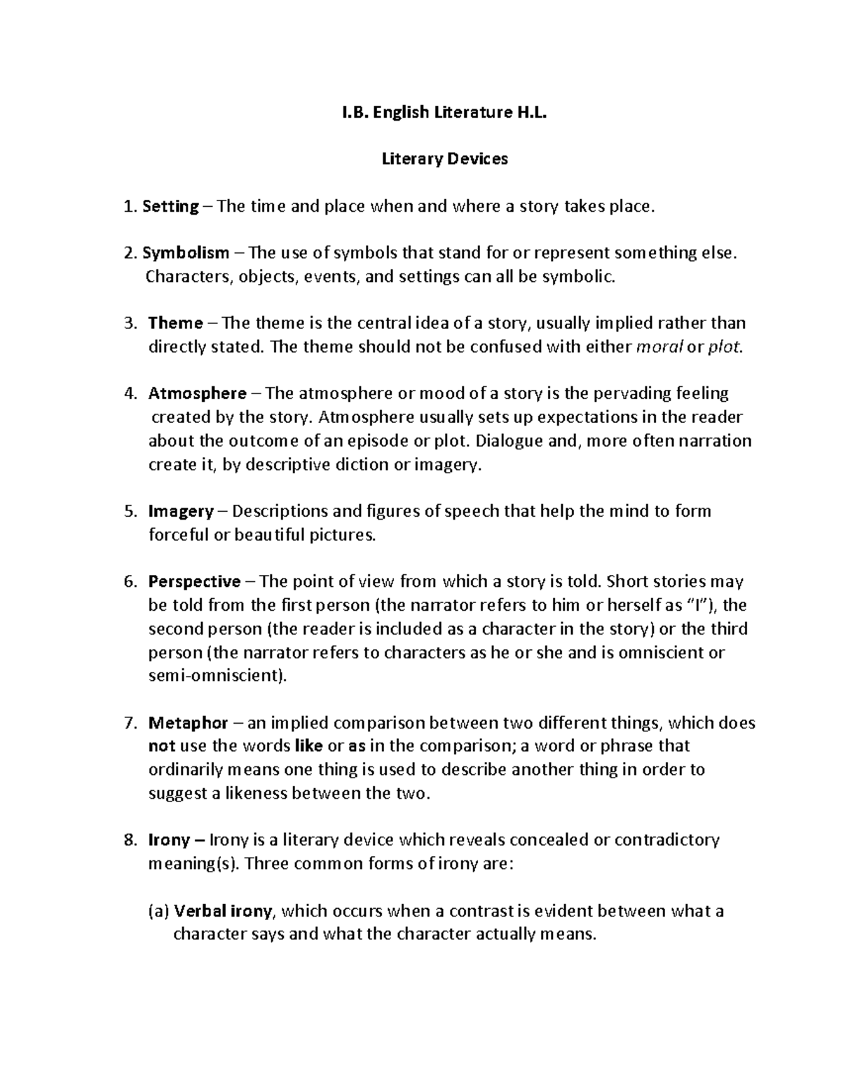 I.B. English Literature H.L. Literary Devices Overview and Examples ...