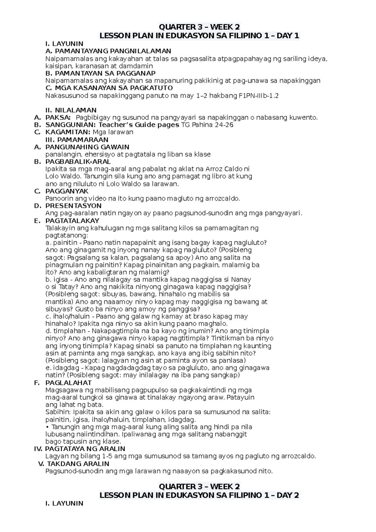 Lesson-PLAN-IN- Filipino -3rd quarter week 2 - QUARTER 3 – WEEK 2 ...