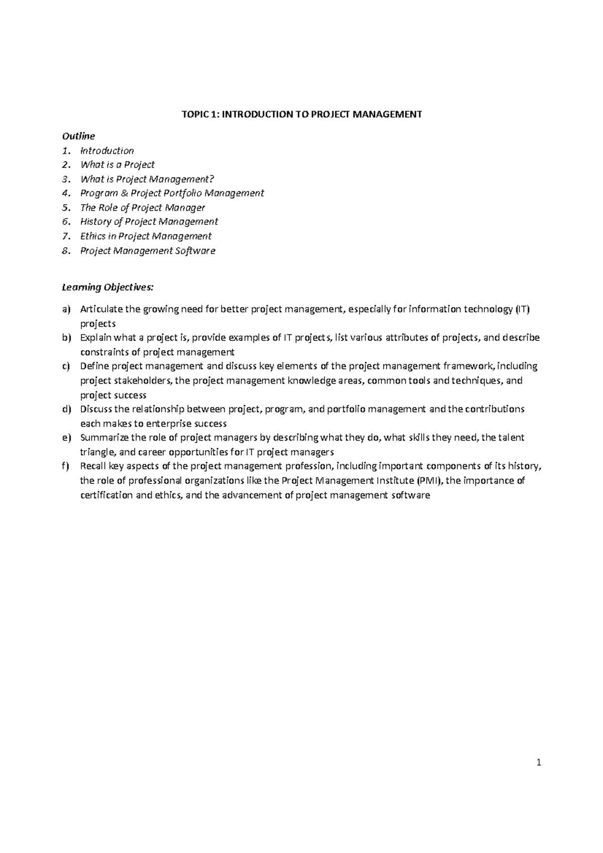 T1 Intro to Project Management - TOPIC 1: INTRODUCTION TO PROJECT ...