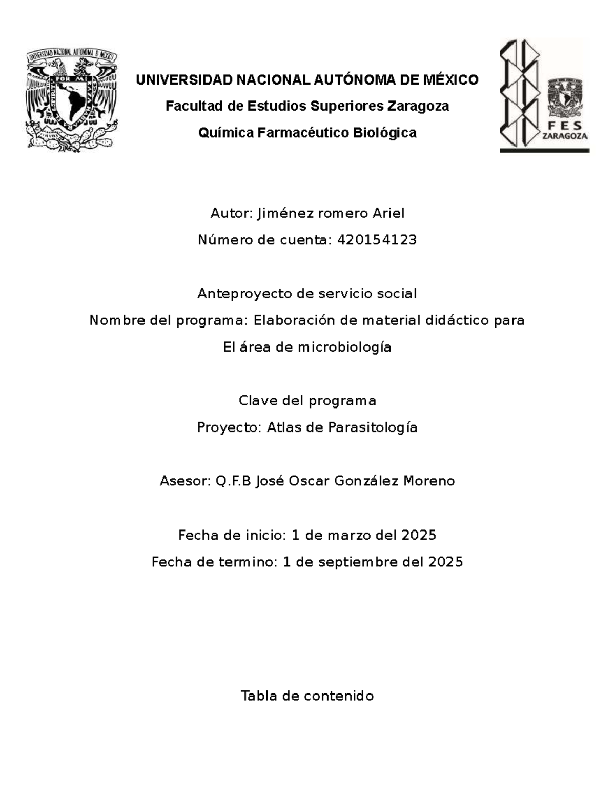 Anteproyecto de Servicio Social: Atlas de Parasitología - Química ...