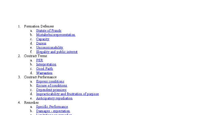 Contracts 2 Outline: Formation, Terms, Performance & Remedies - Studocu