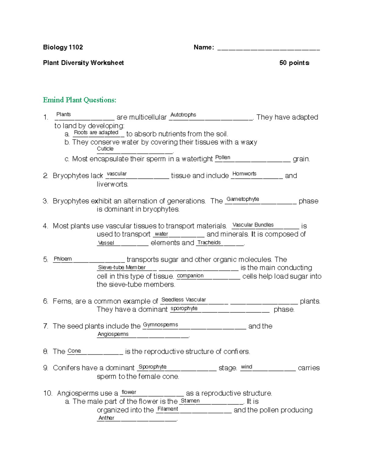 Biology 1102: Plant Diversity Lab Worksheet with Key Concepts - Studocu
