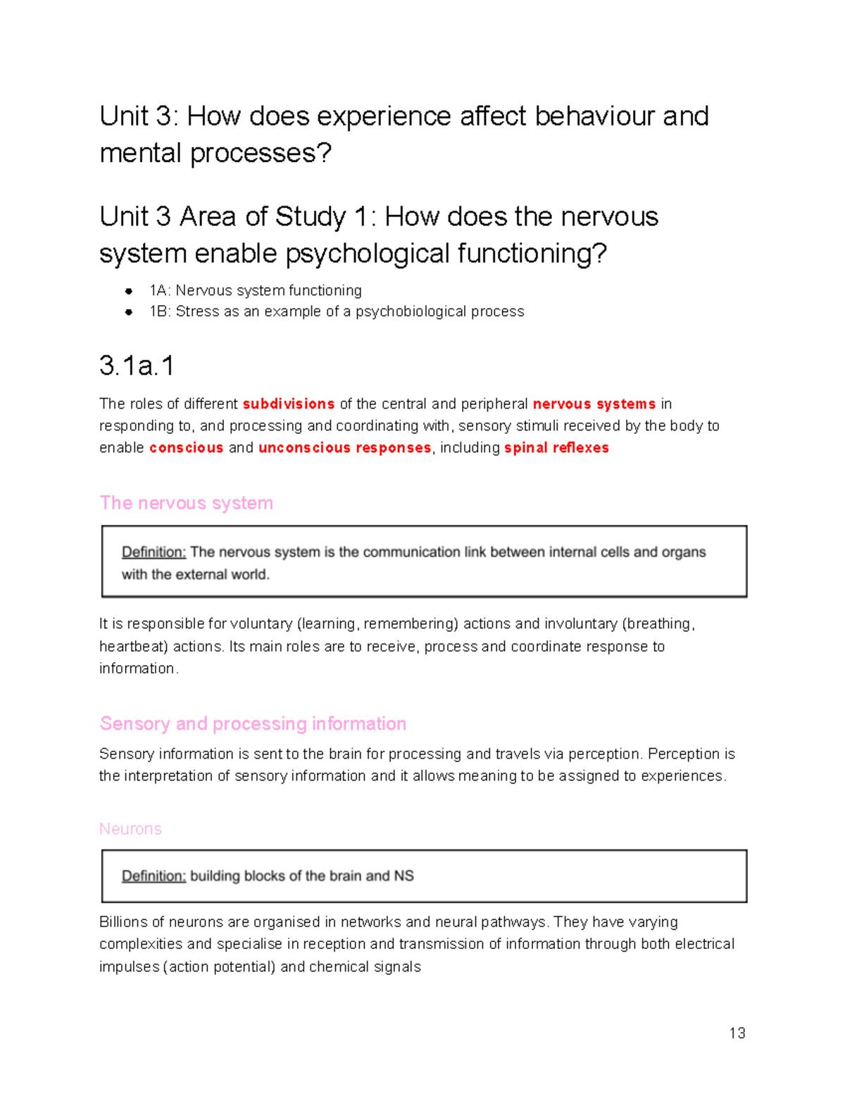 VCE Psychology U3: Nervous System & Stress Responses Notes - Studocu