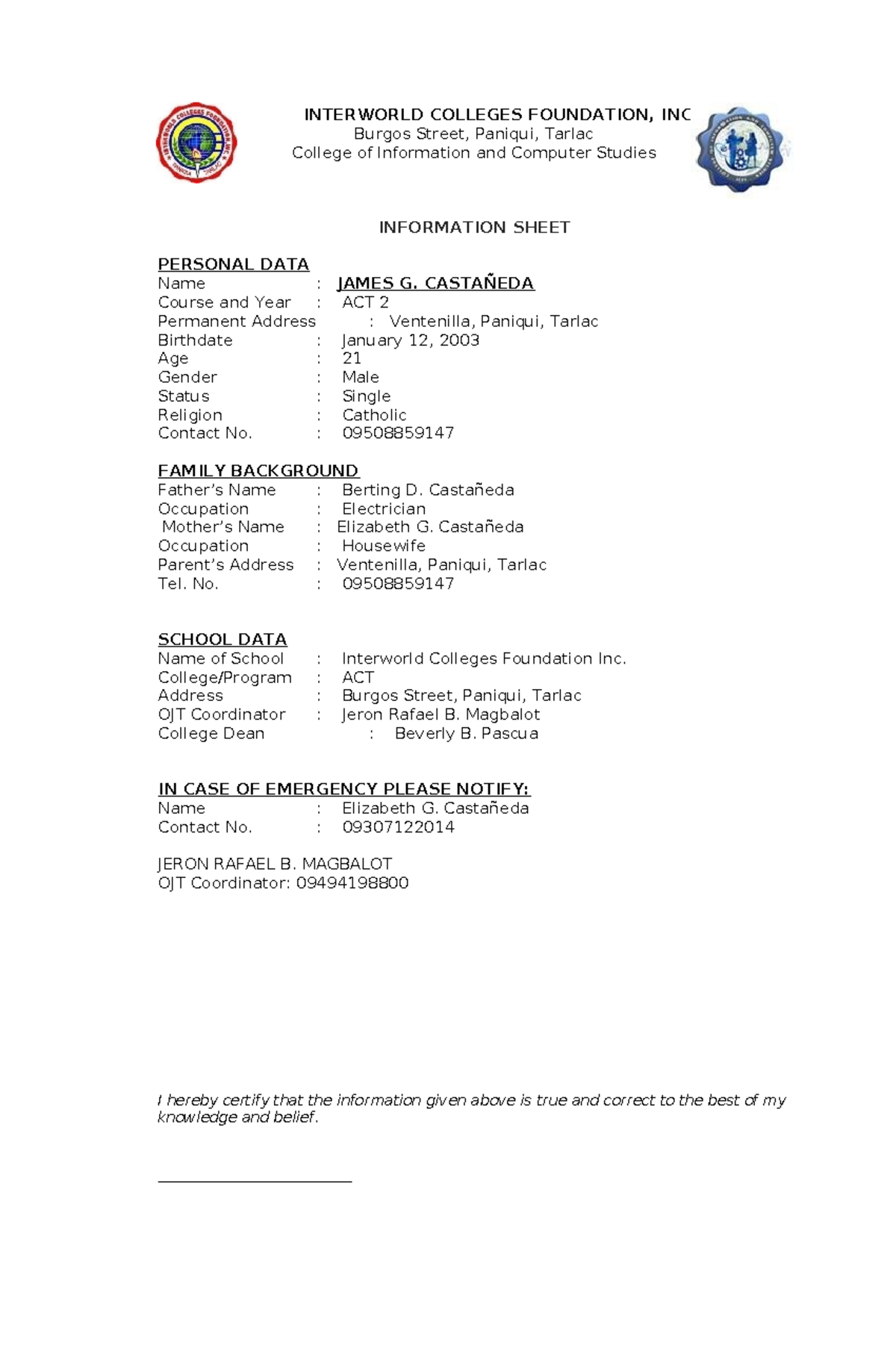 OJT Personal Data Sheet for ACT 2 Students at Interworld Colleges - Studocu