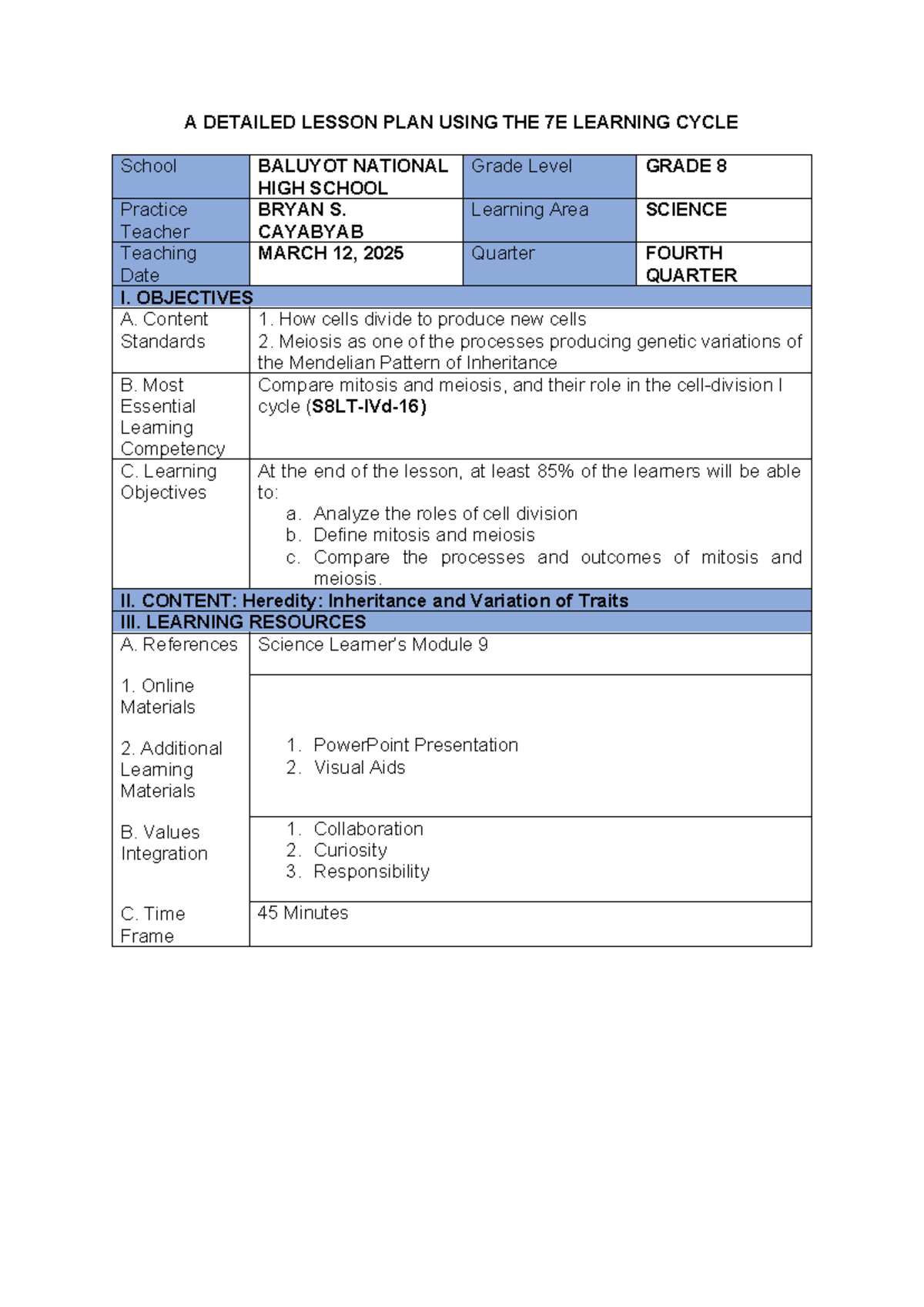 Grade 8 Science Lesson Plan: Mitosis vs. Meiosis (CELL-DIV-16) - Studocu