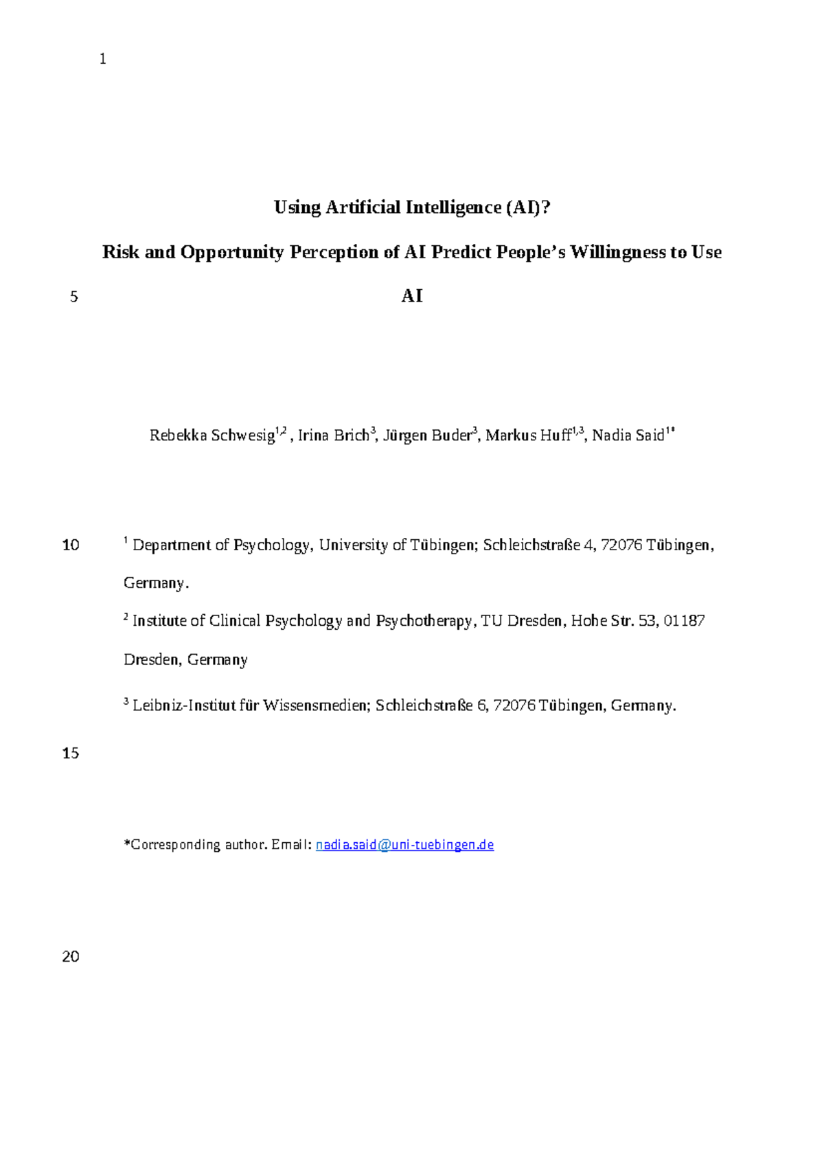 AI Behavior Manuscript Preprint: Risk and Opportunity Perception of AI - Studocu