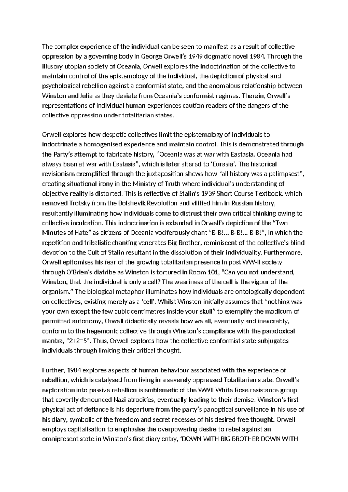 Eli 1984 Essay: Exploring Individuality vs. Collective Oppression - Studocu