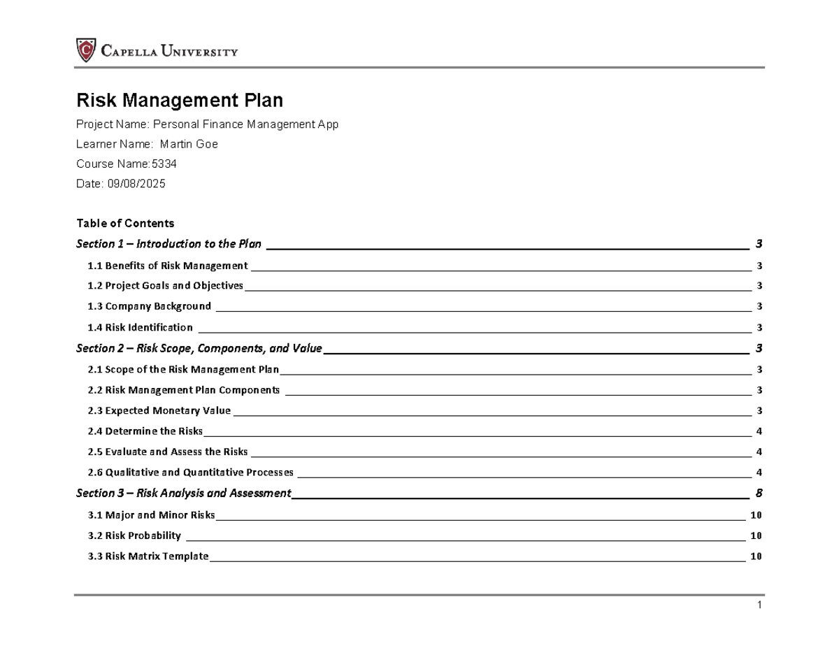 5334 Risk Management Plan for Personal Finance App Project - Studocu