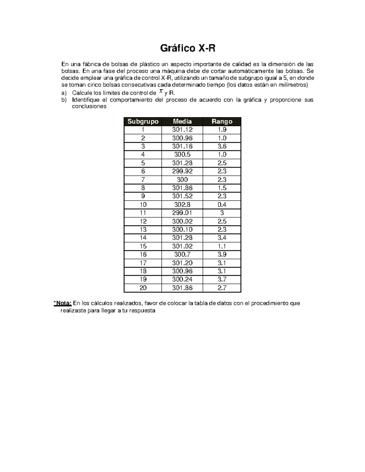 Ejercicios de Control Estadístico - Gráficas X-R y P - JEVS 1956689 ...