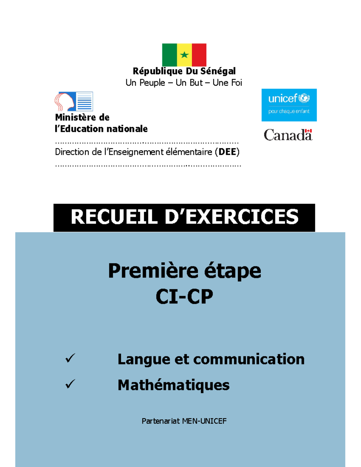 Recueil d'exercices MEN-UNICEF pour CI-CP - Langue & Mathématiques - Studocu