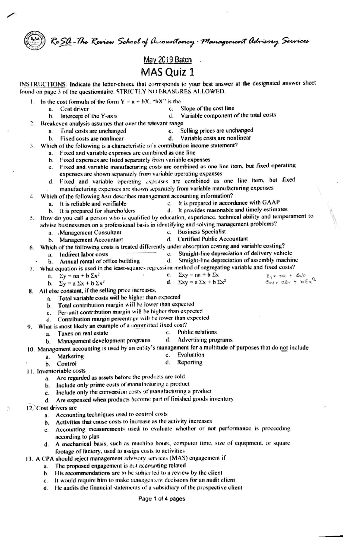 MAS.Quiz-1 with Answer Key - BS in Management Accounting - Studocu