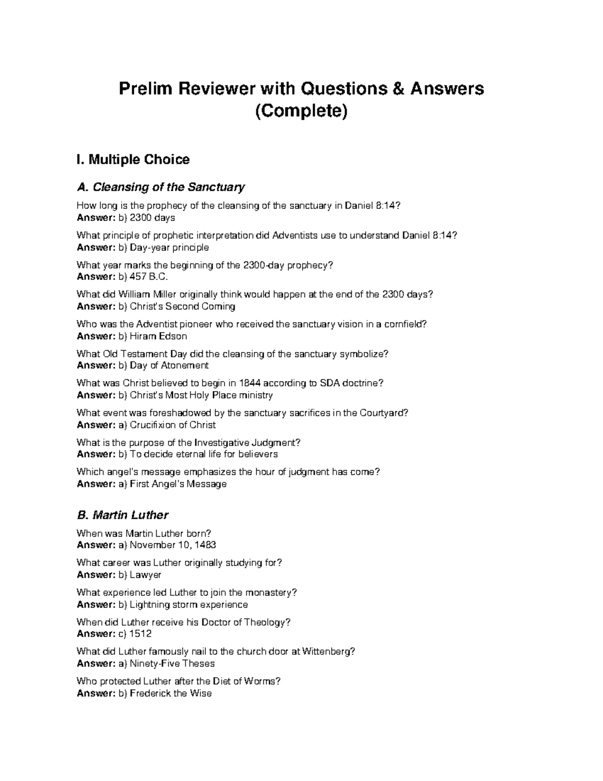 Prelim Reviewer QA: SDA Beliefs & Key Figures - Studocu